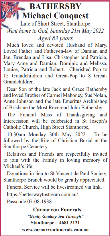 Bathersby, Michael Conquest – Carnarvon Funeral Services