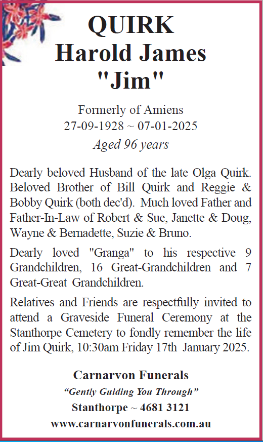 Quirk, Harold James – Carnarvon Funeral Services