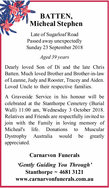 Batten, Micheal Stephen – Carnarvon Funeral Services
