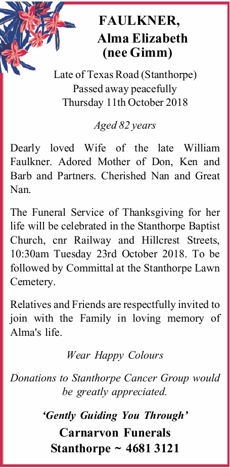 Faulkner, Alma Elizabeth – Carnarvon Funeral Services