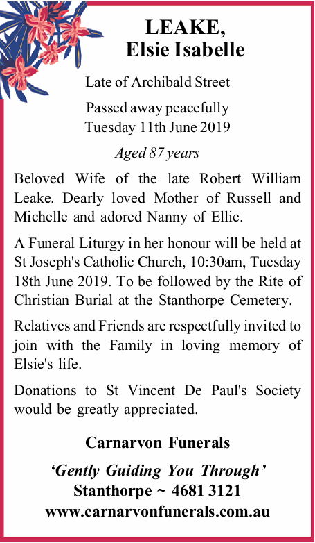 Leake, Elsie Isabelle – Carnarvon Funeral Services