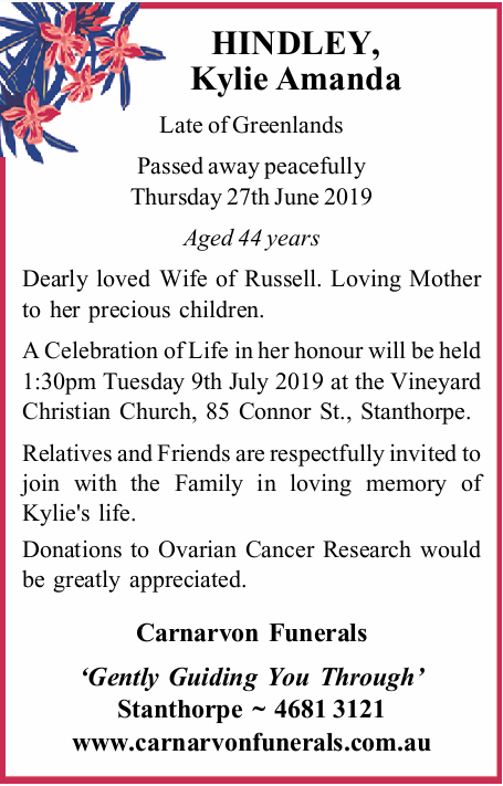 Hindley, Kylie Amanda – Carnarvon Funeral Services