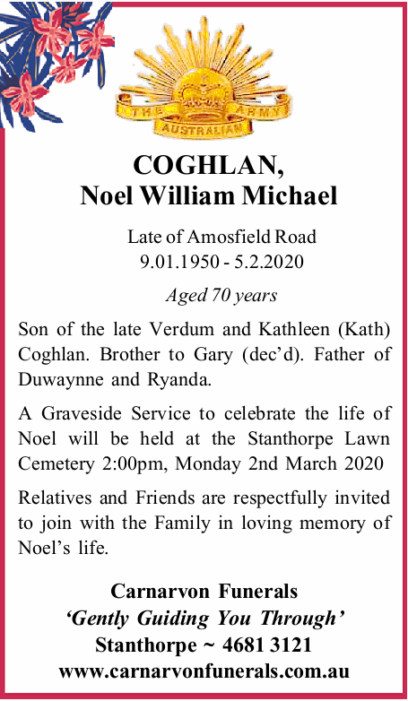 Coghlan, Noel William Michael – Carnarvon Funeral Services