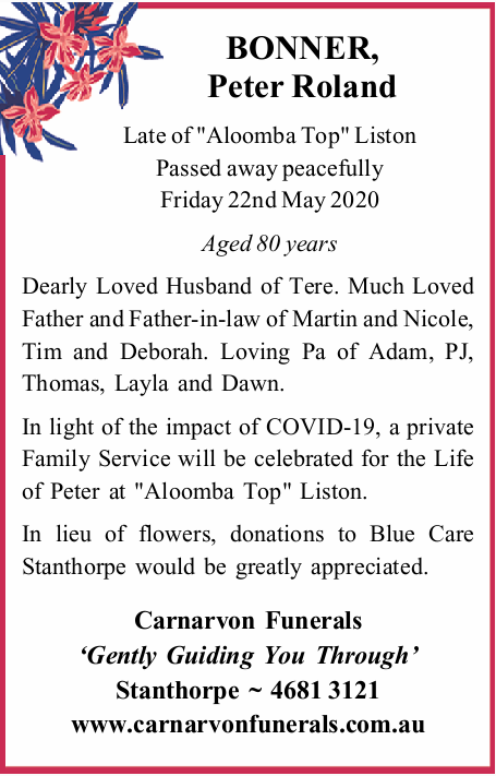 Bonner, Peter Roland – Carnarvon Funeral Services