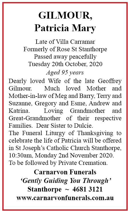 Gilmour, Patricia Mary – Carnarvon Funeral Services