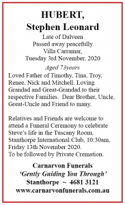 Hubert, Stephen Leonard – Carnarvon Funeral Services