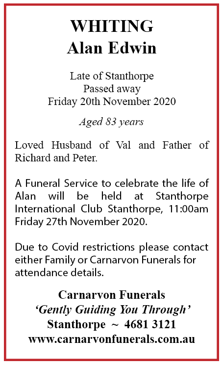 Whiting, Alan Edwin – Carnarvon Funeral Services