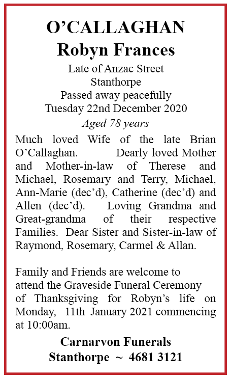 O’Callaghan, Robyn Frances – Carnarvon Funeral Services