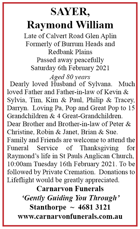 Sayer, Raymond William – Carnarvon Funeral Services