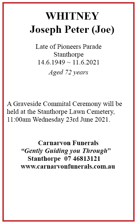Whitney, Joseph Peter (Joe) – Carnarvon Funeral Services