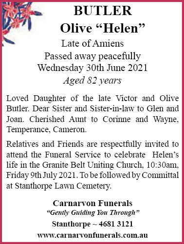 Butler, Olive Helen – Carnarvon Funeral Services
