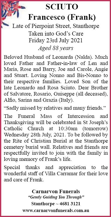 Sciuto, Francesco (Frank) – Carnarvon Funeral Services