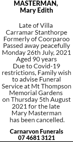 Masterman, Mary Edith – Carnarvon Funeral Services