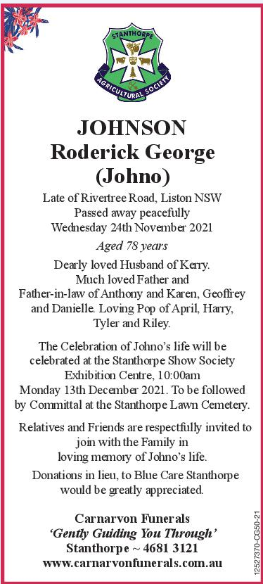 Johnson, Roderick George (Johno) – Carnarvon Funeral Services