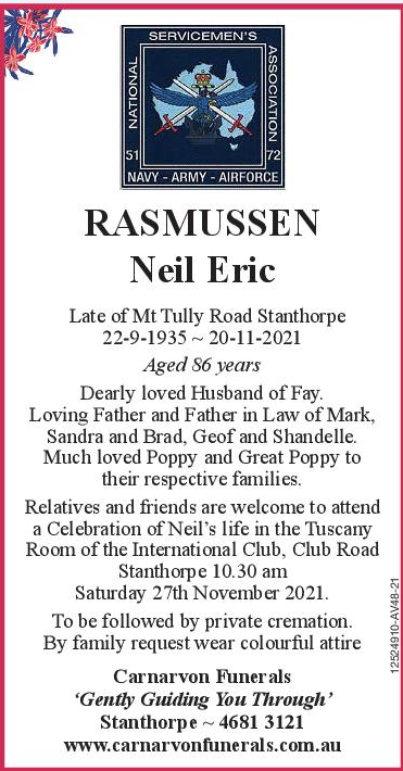 RASMUSSEN Neil Eric – Carnarvon Funeral Services