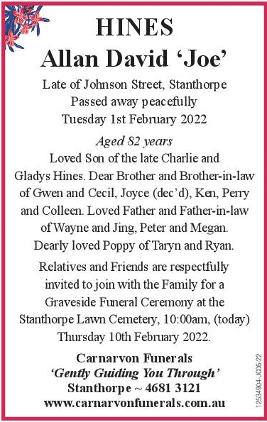 Hines, Allan David “Joe” – Carnarvon Funeral Services