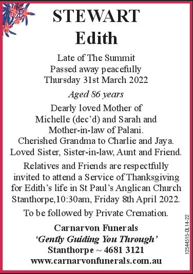 Stewart, Edith – Carnarvon Funeral Services