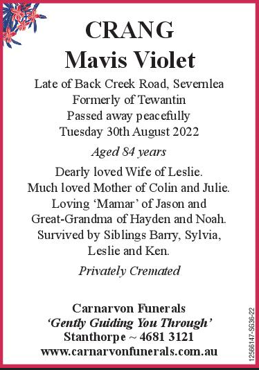 Crang, Mavis Violet – Carnarvon Funeral Services