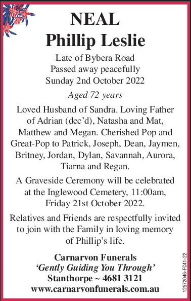 Neal, Phillip Leslie – Carnarvon Funeral Services