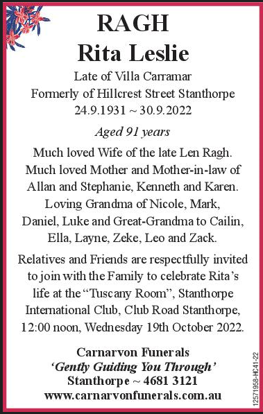 Ragh, Rita Leslie – Carnarvon Funeral Services