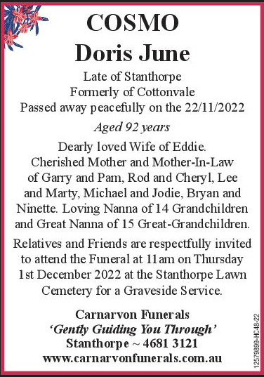 Cosmo, Doris June – Carnarvon Funeral Services