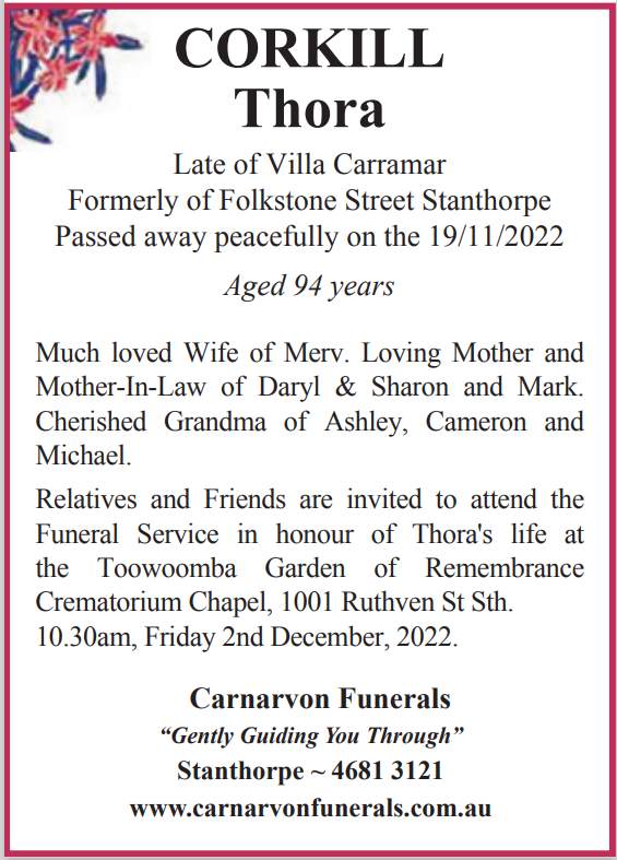 Corkill, Thora – Carnarvon Funeral Services