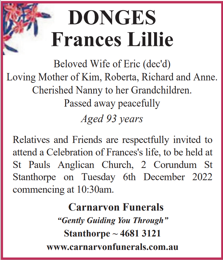 Donges, Frances Lillie – Carnarvon Funeral Services