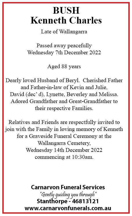 Bush, Kenneth Charles – Carnarvon Funeral Services