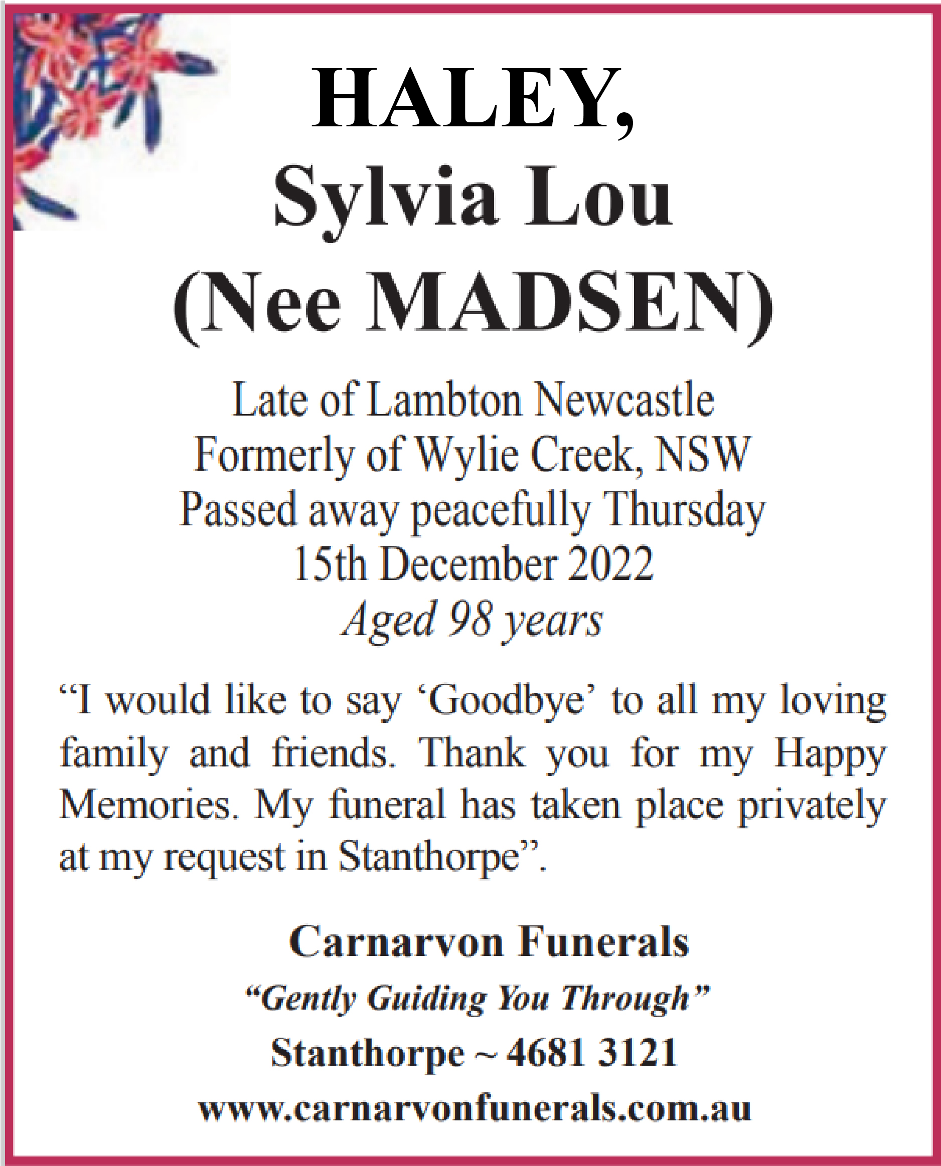 Haley, Sylvia Lou – Carnarvon Funeral Services