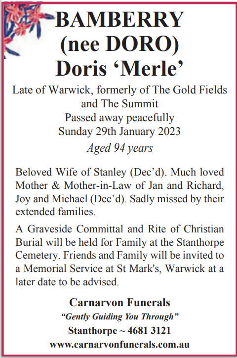 Bamberry, Doris Merle – Carnarvon Funeral Services