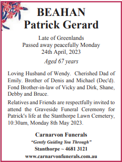 Beahan, Patrick Gerard – Carnarvon Funeral Services