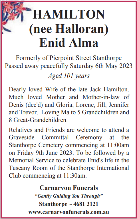 Hamilton, Enid Alma – Carnarvon Funeral Services