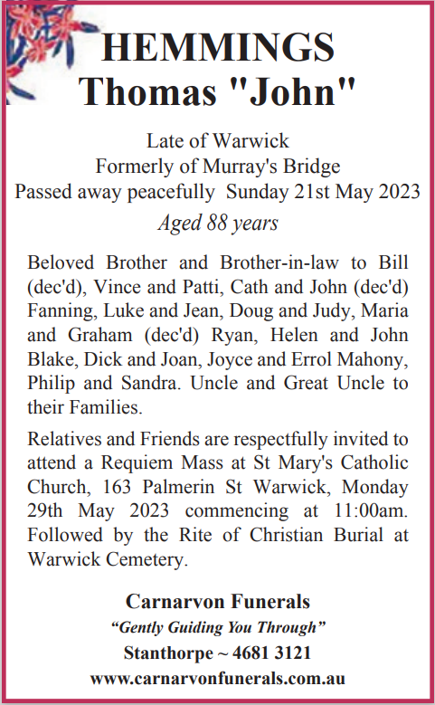 Hemmings, Thomas “John” – Carnarvon Funeral Services