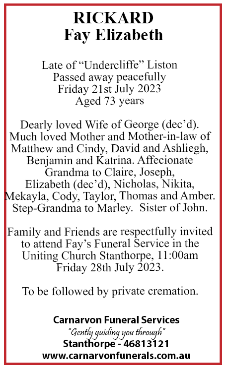 Rickard, Fay Elizabeth – Carnarvon Funeral Services