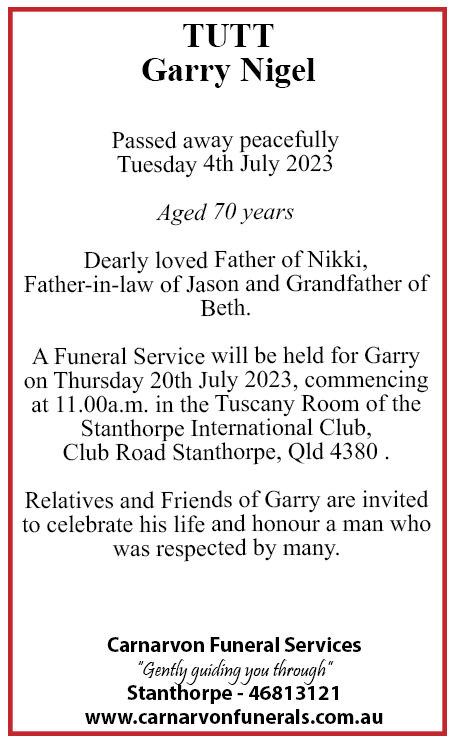 TUTT, Garry Nigel – Carnarvon Funeral Services