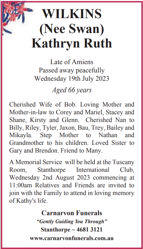 Wilkins Kathryn Ruth – Carnarvon Funeral Services