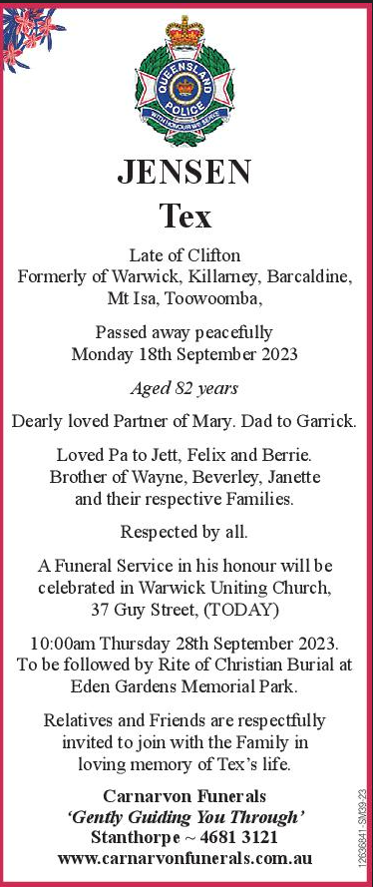 Jensen, Tex – Carnarvon Funeral Services
