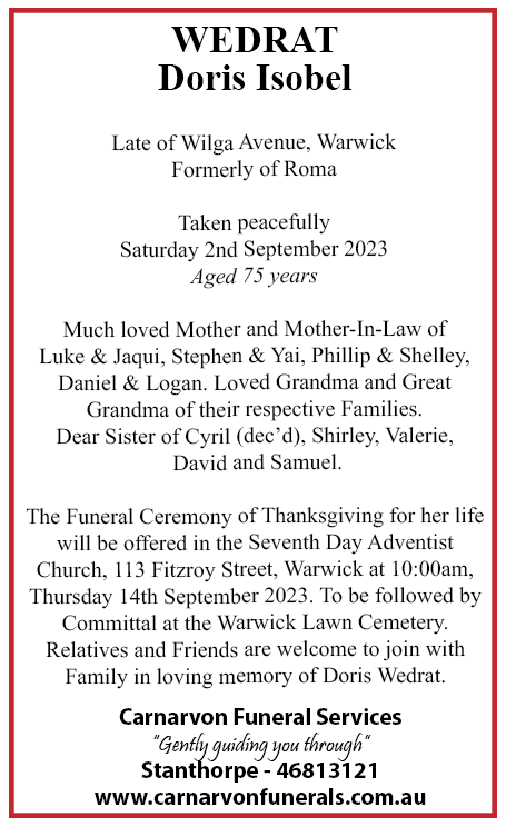 Wedrat, Doris Isobel – Carnarvon Funeral Services