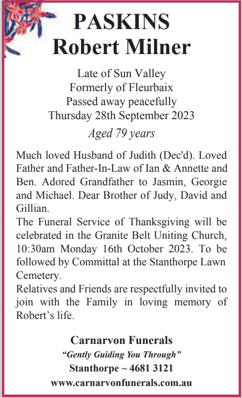Paskins, Robert Milner – Carnarvon Funeral Services