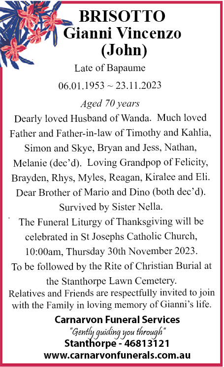 Brisotto, Gianni Vincenzo (John) – Carnarvon Funeral Services