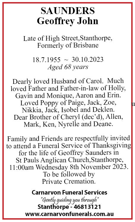 Saunders, Geoffrey John – Carnarvon Funeral Services