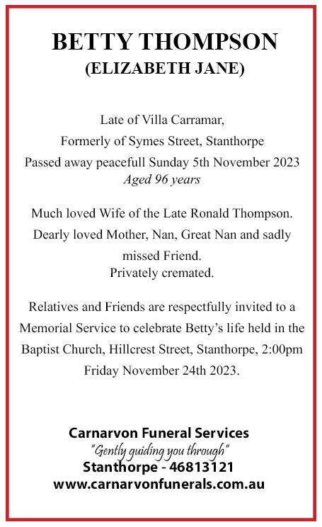 Thompson, Betty – Carnarvon Funeral Services
