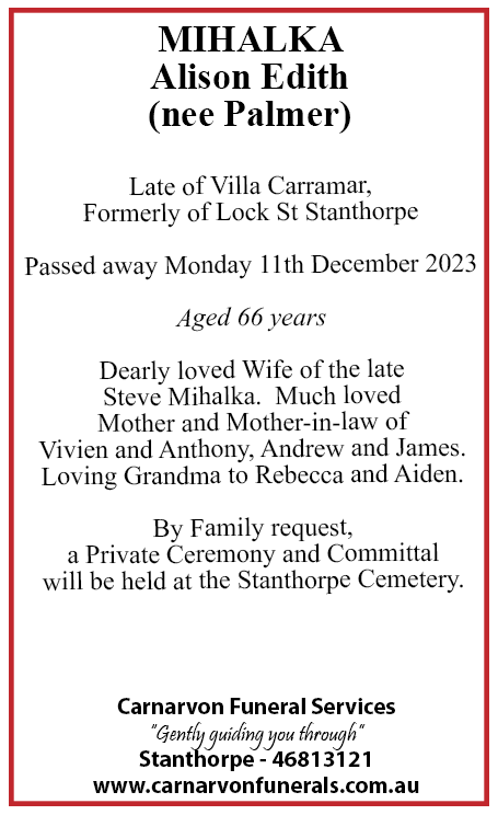 Mihalka, Alison Edith (nee Palmer) – Carnarvon Funeral Services