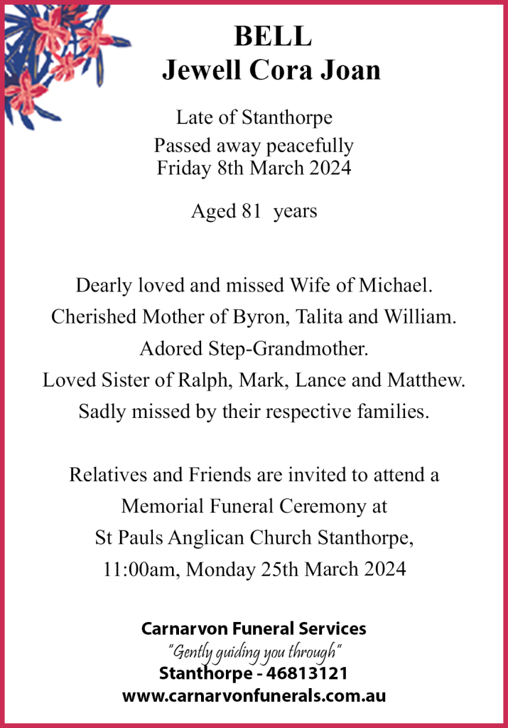 Bell, Jewell Cora Joan – Carnarvon Funeral Services