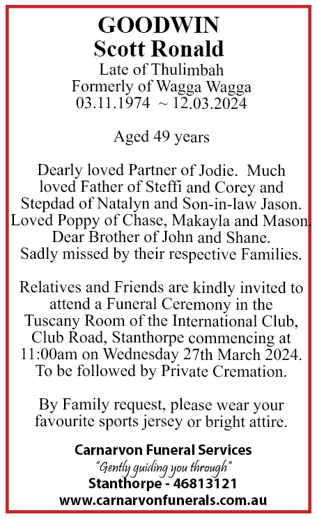 Goodwin, Scott Ronald – Carnarvon Funeral Services