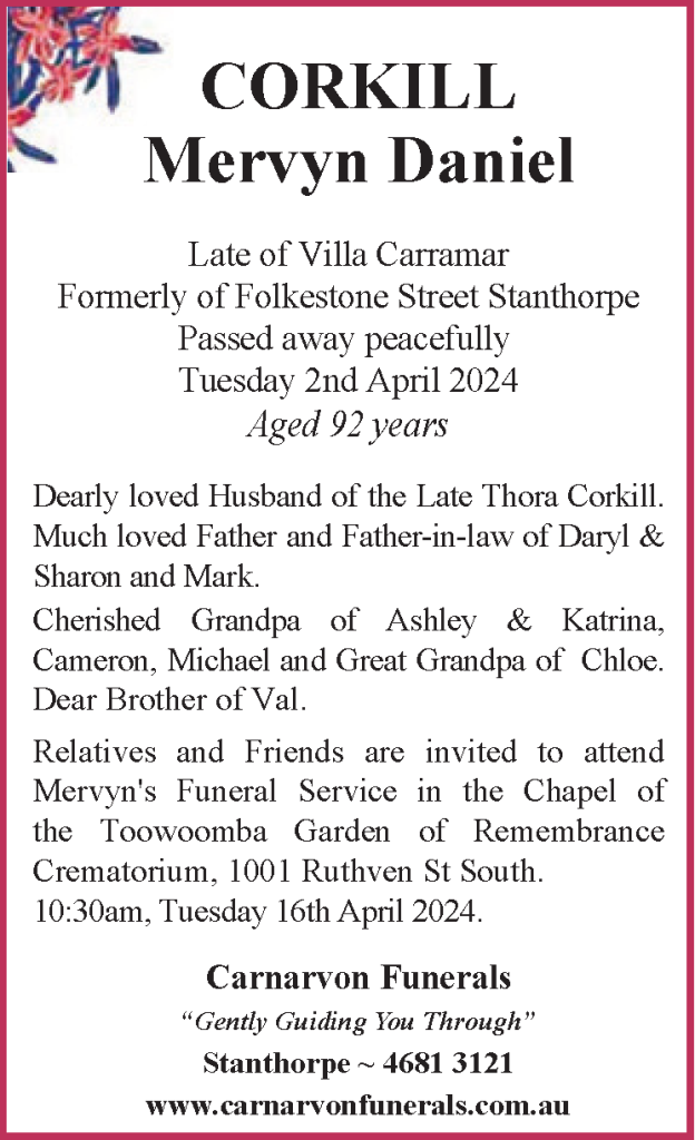 Corkill, Mervyn Daniel – Carnarvon Funeral Services