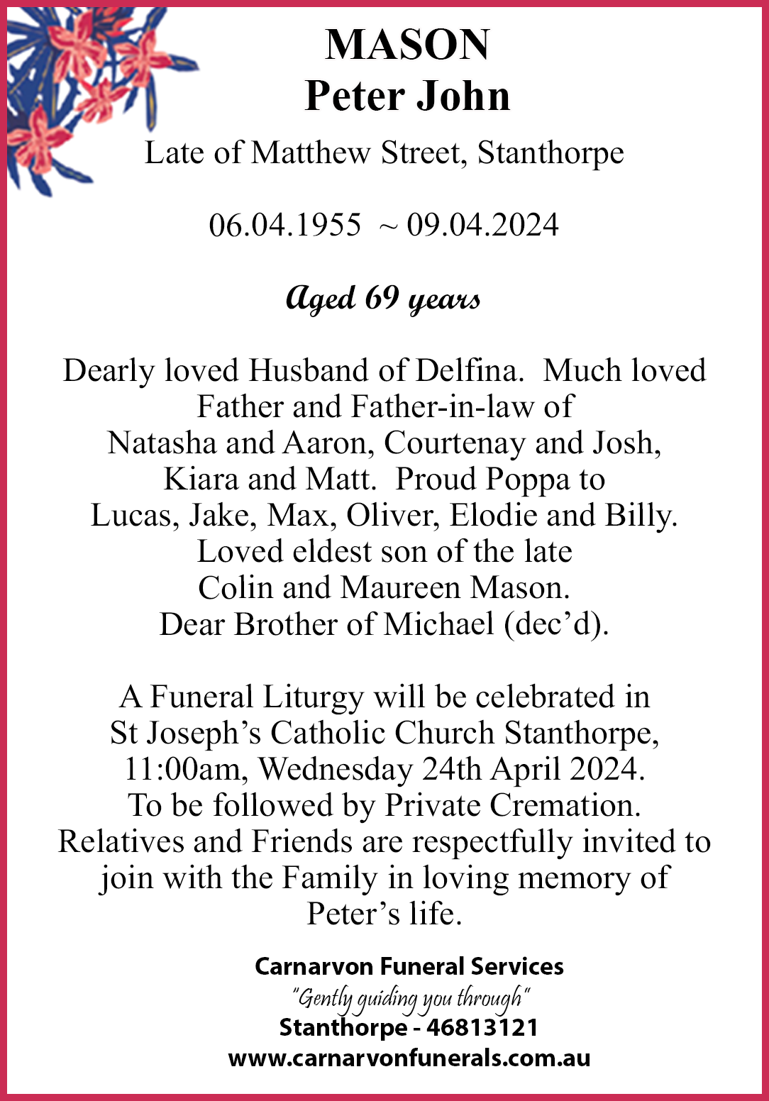 Mason, Peter John – Carnarvon Funeral Services