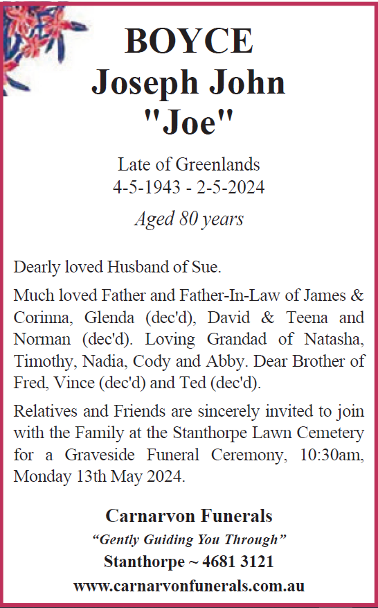 Boyce, Joseph John “Joe – Carnarvon Funeral Services