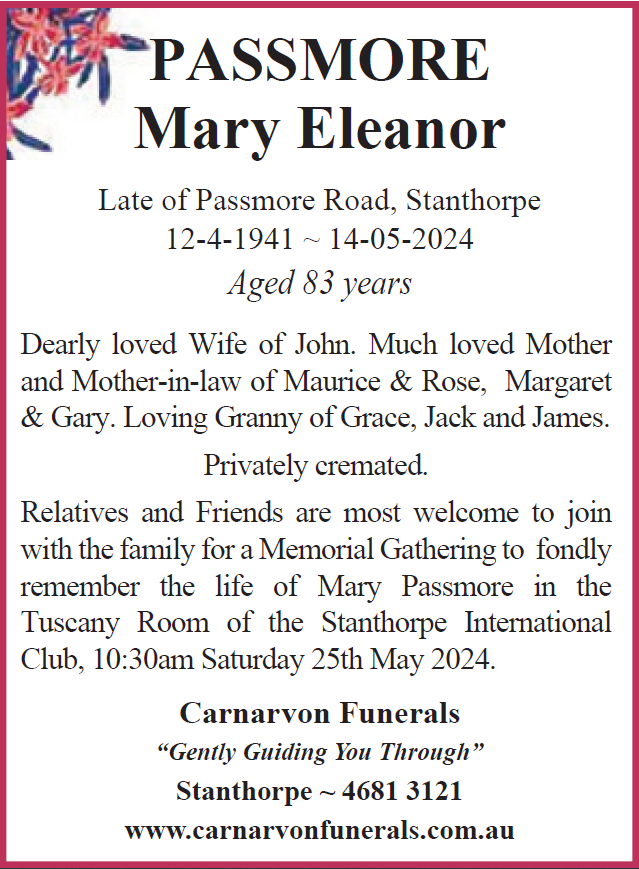 Passmore, Mary Eleanor – Carnarvon Funeral Services