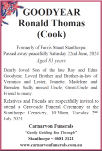 Goodyear, Ronald Thomas (Cook) – Carnarvon Funeral Services